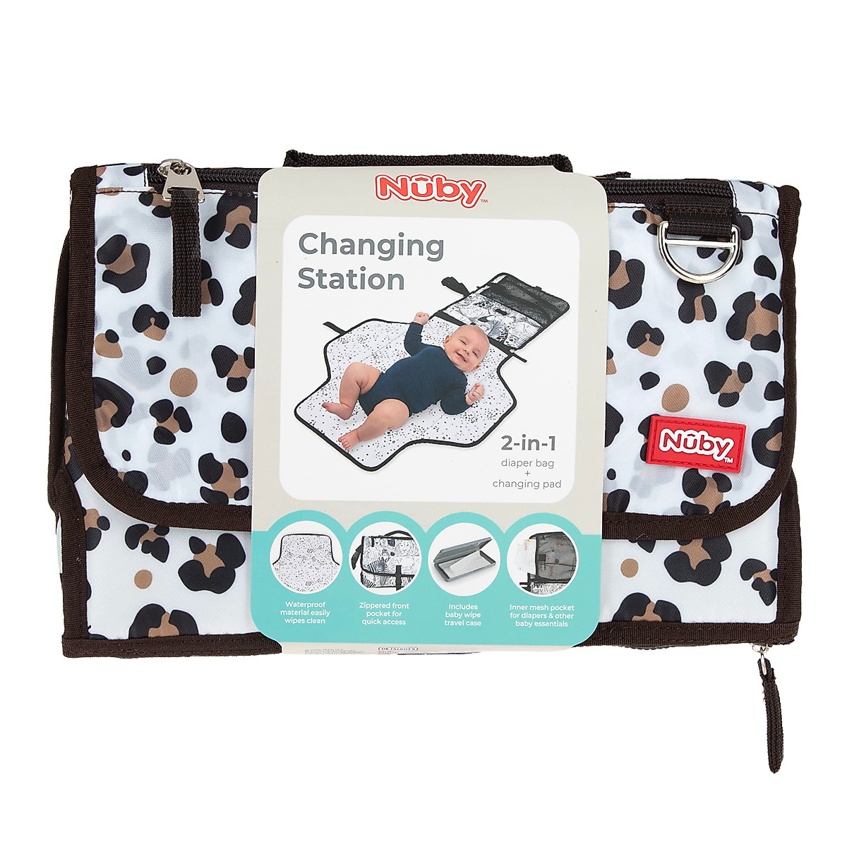 Nuby Portable Baby Changing Pad Station, Quick Wipe Clean Changing Mat with Built-in Pillow, Leopard Print