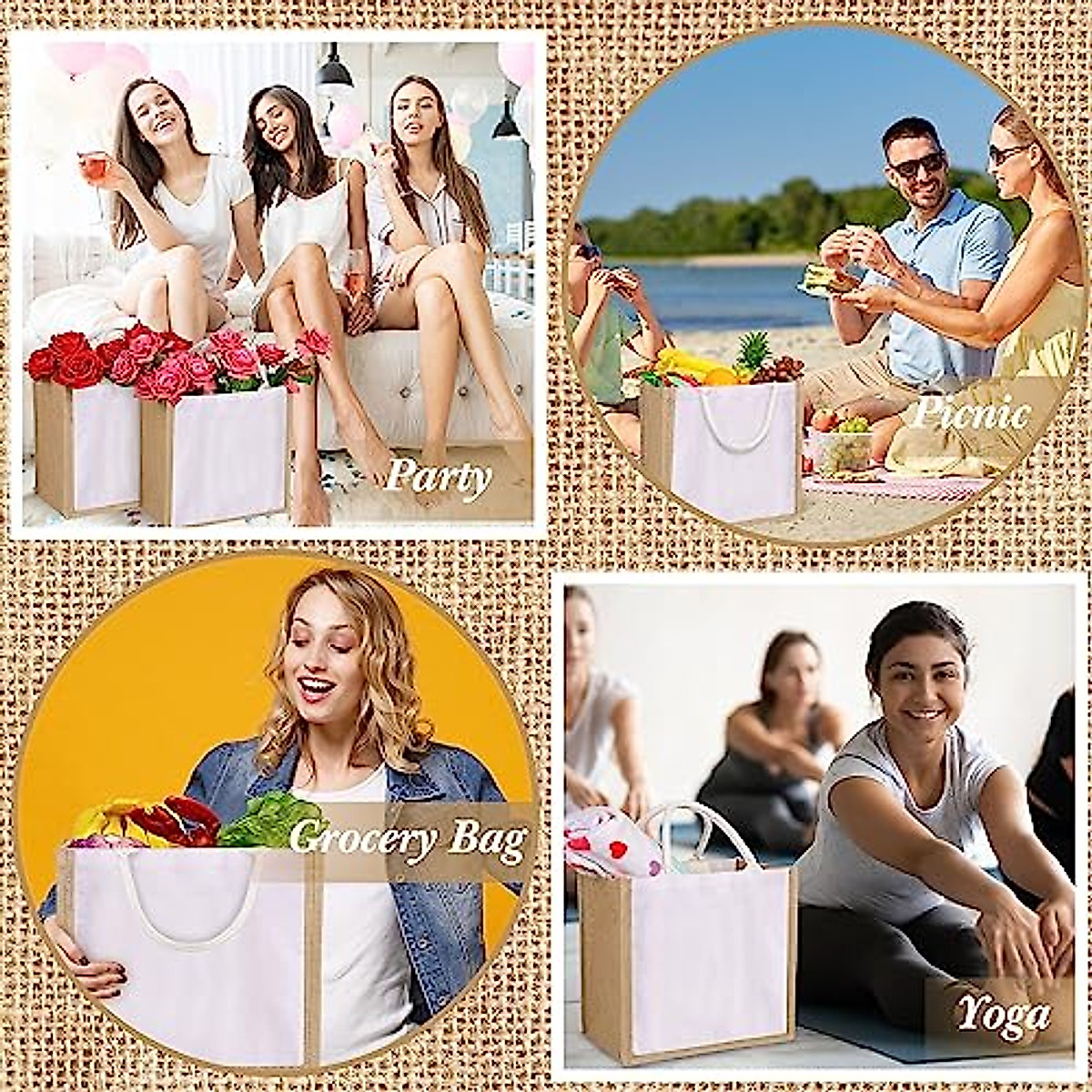 Silkfly 30PCS Burlap Tote Bag Bulk Laminated Interior Jute Tote Bag with Handle Large Reusable Grocery Bags Blank Beach Tote Teacher Bridesmaid Wedding DIY Gift Bag, 14.2 x 12.6 x 7.5 in (White, Jute)