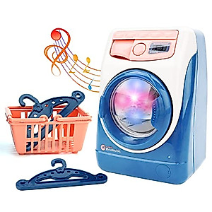 deAO Washing Machine Toy for Kids Dollhouse Furniture Pretend Play Household Appliance Realistic Sounds with Lights Laundry Play Set with Rotatable Roller for Children Birthday Present…