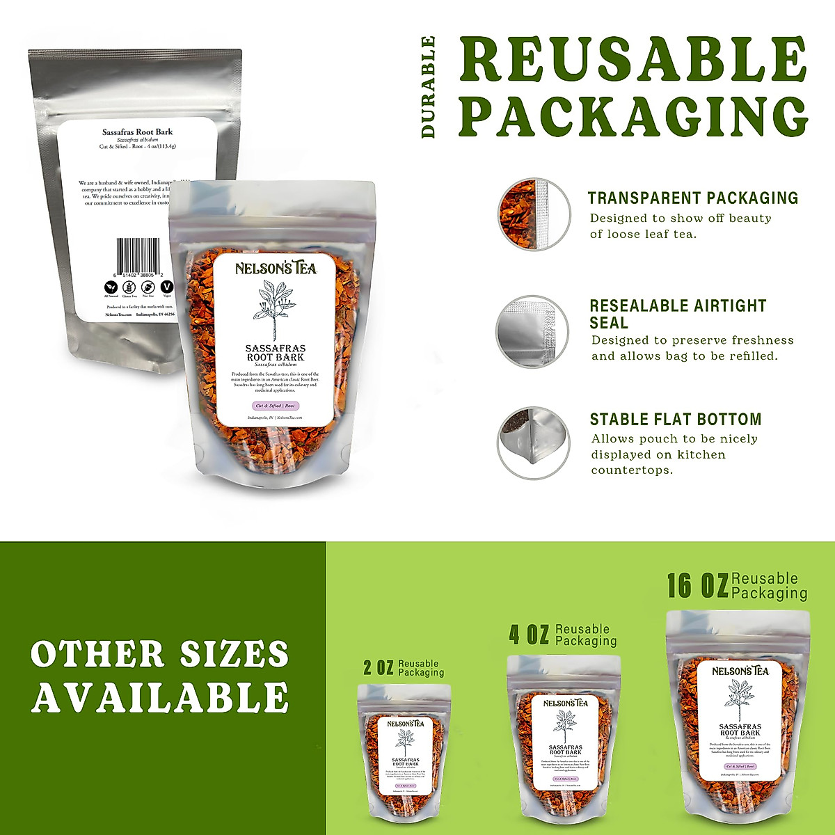 Nelson's Tea - Sassafras Root Bark - Cut & Sifted Sassafras Root Beer Flavor - Sassafras Albidum (4 Oz)