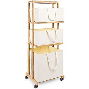 Homde Laundry Basket 3 Tier Bamboo Storage Shelf with Wheels Removable Storage Basket with Handle Freestanding Clothes Hamper Organizer for Bathroom Living Room Bedroom