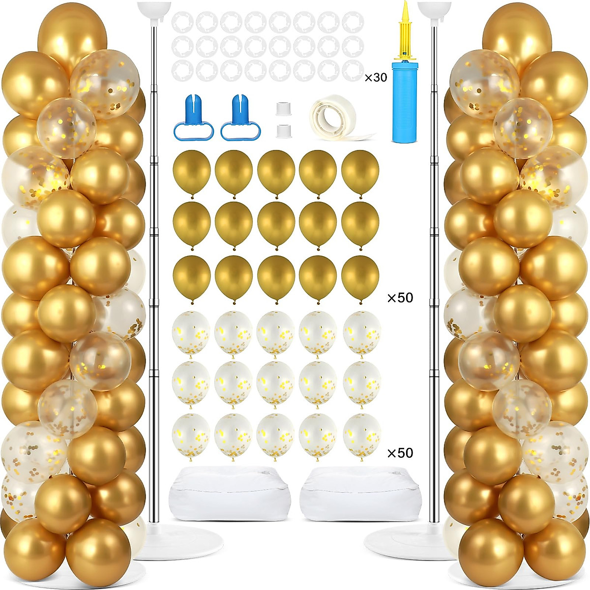 2 Sets Metallic Gold Balloon Column Stand Kit with 100 Balloons Adjustable Balloon Tower Stand with Bases for Floor Gold Confetti Balloons Column Kit for Birthday Wedding Anniversary Graduation Party