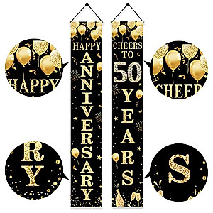 Happy 50th Anniversary Door Banner Decorations, 50 Wedding Anniversary Cheers to 50 Years Party Supplies, Black Gold Fifty Anniversary Welcome Door Décor Sign