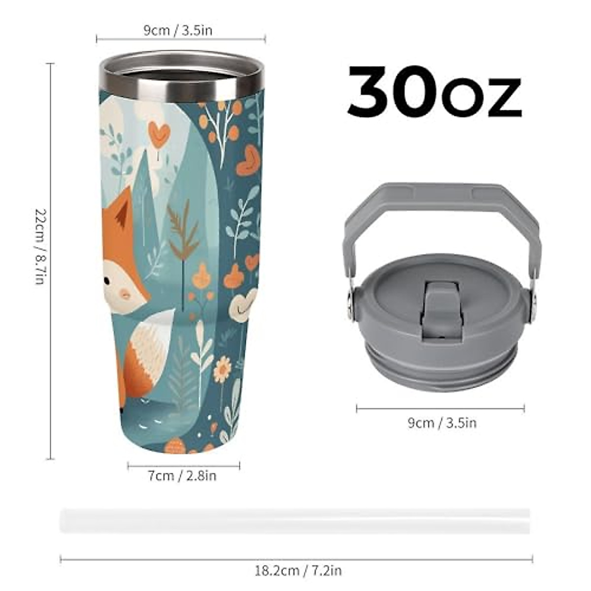 Fox And Heart 30oz Stainless Steel Insulated Tumbler with Straw & Foldable Handle - Leakproof, Double-Wall Vacuum Travel Thermos for Hot/Cold Drinks, Non-Slip Base, Fit Cup Holders