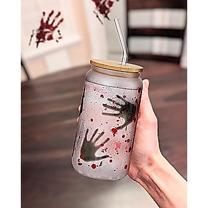Nefelibata Halloween Horror Beer Can Glass 16 OZ Iced Coffee Cup with Lid Straw and Brush, Reusable Drinking Jar for Coffee Tea Juice Soda Halloween Party Decor Fall Christmas Gift Ideas Set of 1