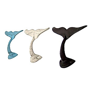 Cast Iron Whale Tail Wall Hooks, Assorted Colors, 5 Inches, Set of 3