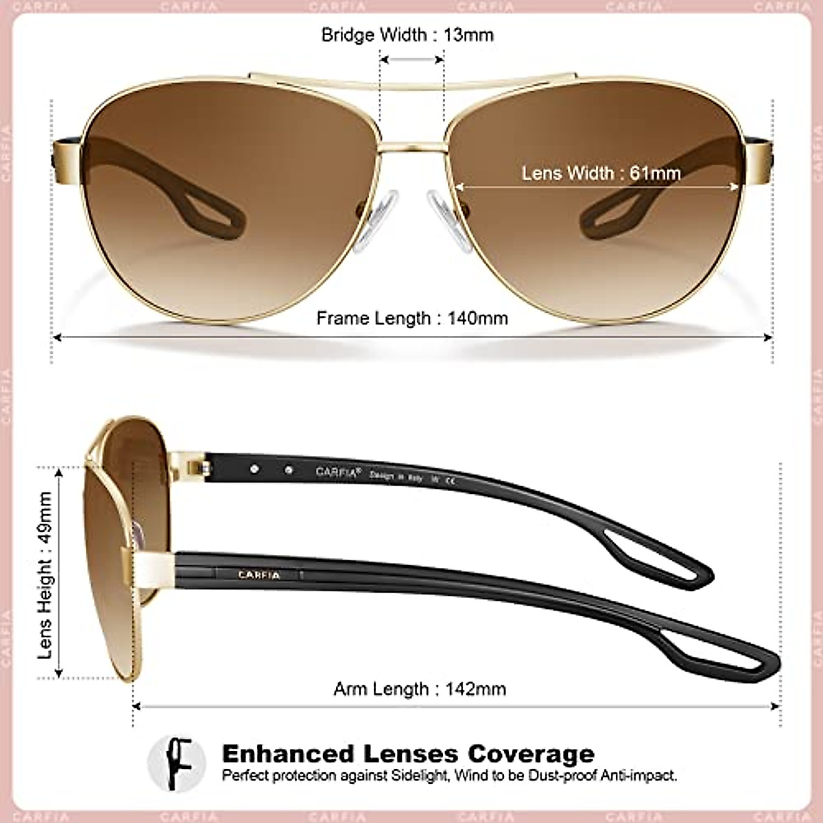 CARFIA Polarized Sunglasses for Women UV Protection Ultra-Lightweight Comfort Metal Frame Driving Glasses CA3210