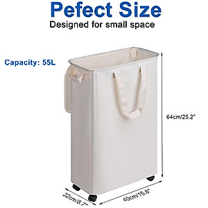 Vincona Slim Laundry Basket with Lid, 55L Small Laundry Basket with Handles, Tall Dirty Clothes Hamper for Dorm, Bedroom and Bathroom, Beige