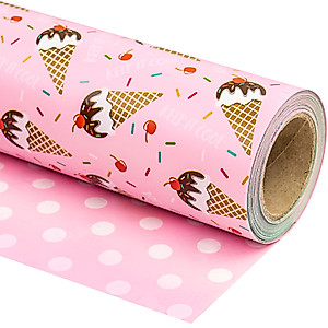 WRAPAHOLIC Reversible Wrapping Paper - Mini Roll - 17 Inch X 33 Feet - Ice-Cream Design for Birthday, Holiday, Party, Baby Shower