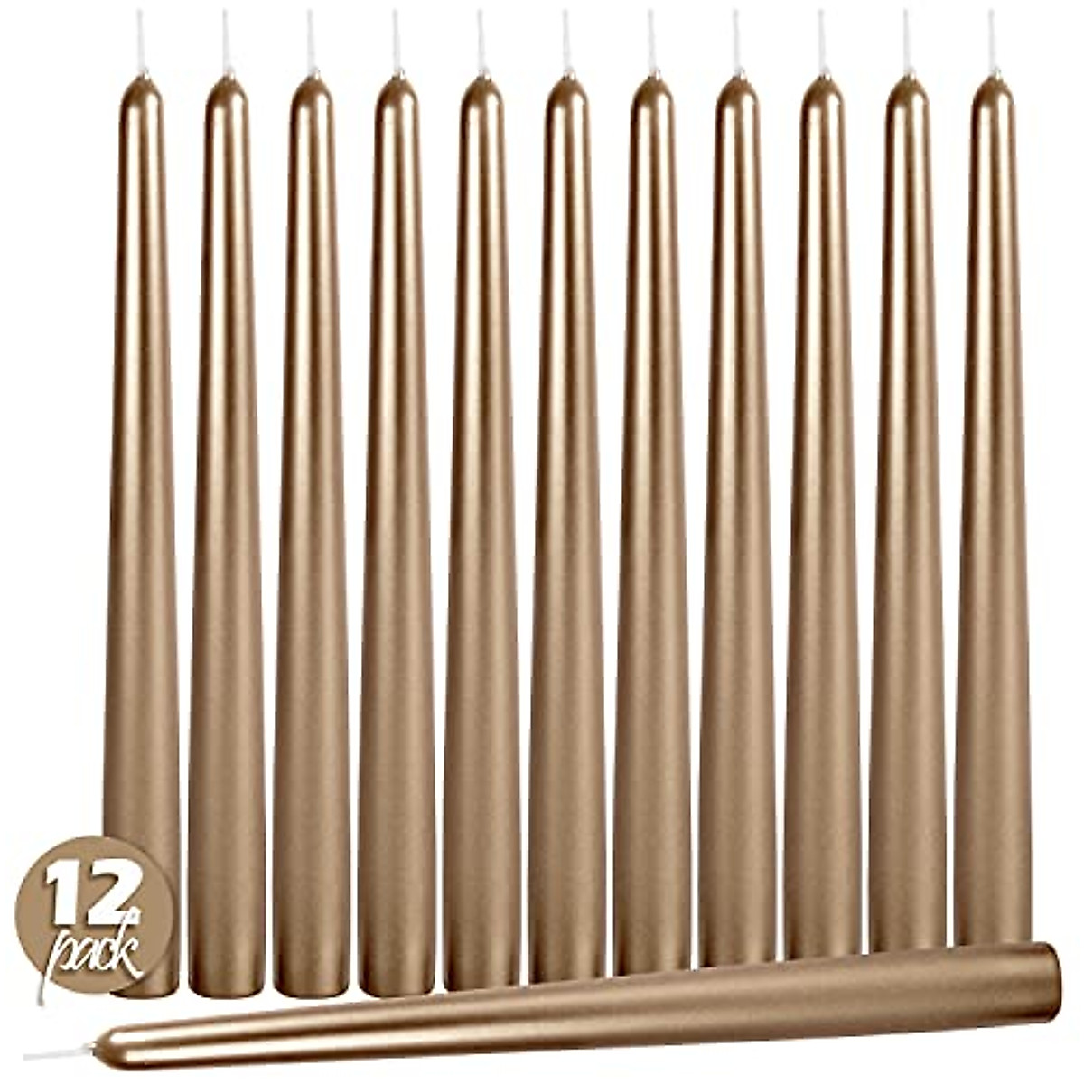 Hyoola Tall Metallic Antique Gold Taper Candles - 12 Inch - Dripless - 12 Pack - 10 Hour Burn Time