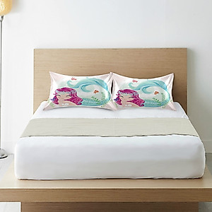 Dalzium Cute Mermaid Satin Pillowcase for Hair and Skin, Ocean Mermaid Girl Silk Pillow Case with Envelope Closure, Standard Size 20x26 inches, Pink, 1 PC