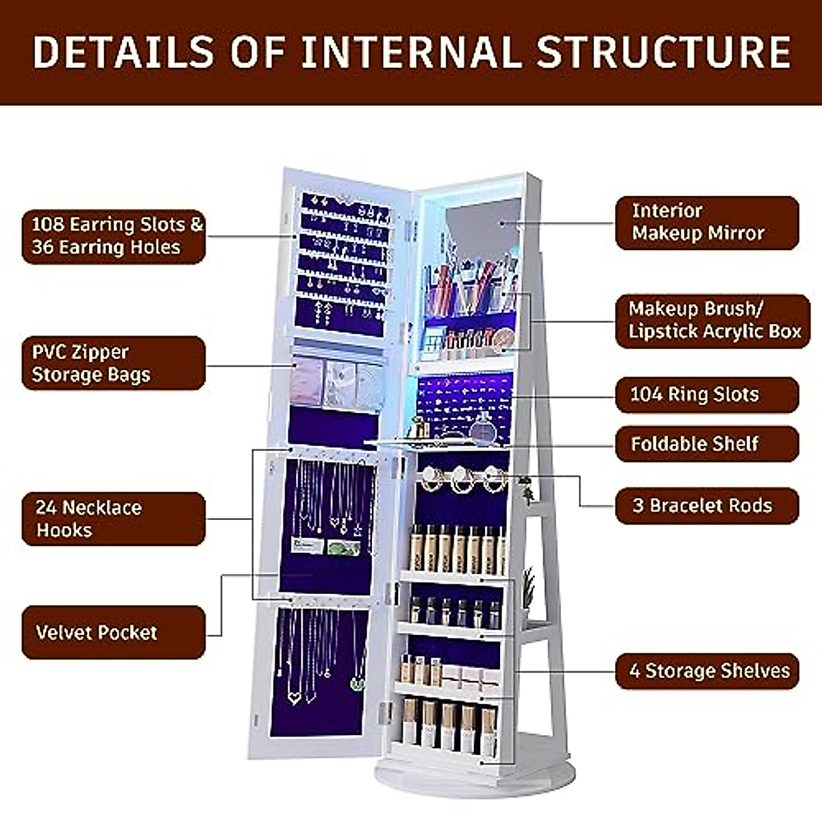 FOMNEY 360° Swivel Jewelry Armoire with Mirror, 63" H Full Length Mirror with LED Lights, Jewelry Cabinet/Organizer with Makeup Shelf for Bedroom (White)