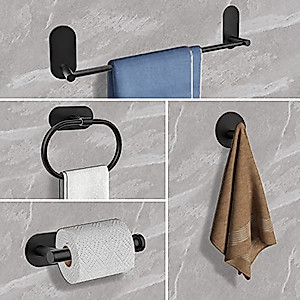 HouseAid 5-Piece Self Adhesive Towel Holder Set for Bathroom, Adhesive Bathroom Hardware Accessories Including Towel Ring, Toilet Paper Holder, 18” Towel Bar and 2 Towel Hooks, Matte Black