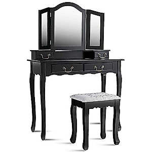KJNS Vanity Set Makeup Dressing Table Tri Folding Mirror Stool 4 Drawers Black Vanity Desk Makeup Vanity Side Tables Bedroom Vanity Table Portable Desk Vanity Set