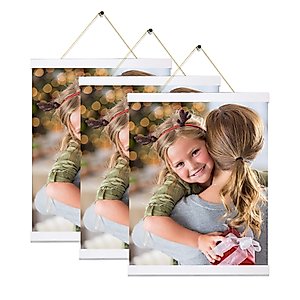 YK Artwood Picture Frame, 16 inch White Magnetic Poster Hanger, 3 Pack, for Wall Art Pictures Photos Prints Maps, Damage Free, Wide Compatibility, Wood Grain Finish