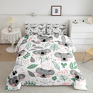 Feelyou Koala Comforter Set Queen Size, Cartoon Koala Comforter Set Cute Koala Comforter for Kids Toddler Botanical Plant Duvet Set Lightweight Quilt Set