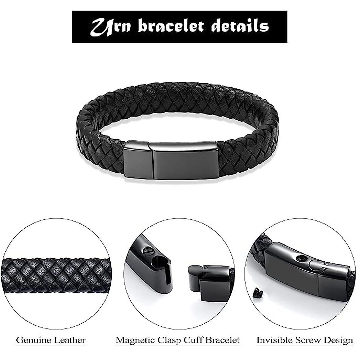 mingkejw Urn Bracelet for Ashes Cremation Jewelry for Women Men Cuff Bangle Braided Leather Wristband Mmeorial Bracelet Keepsake Jewelry,Black 24cm