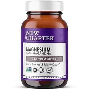 New Chapter Magnesium + Ashwagandha Supplement, 325 mg with Magnesium Glycinate, 2.5x Absorption, Muscle Recovery, Heart & Bone Health, Calm & Relaxation, Gluten Free, Non-GMO - 60 ct (2 Month Supply)