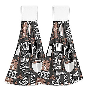 Oarencol Coffee Theme Beans Pattern Kitchen Hand Towel Absorbent Hanging Tie Towels with Loop for Bathroom 2 Pcs
