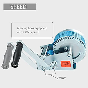 3200lbs Hand Crank Winch with Hook Polyester Blue Webbed Strap 2 Gear ATV Boat Trailer