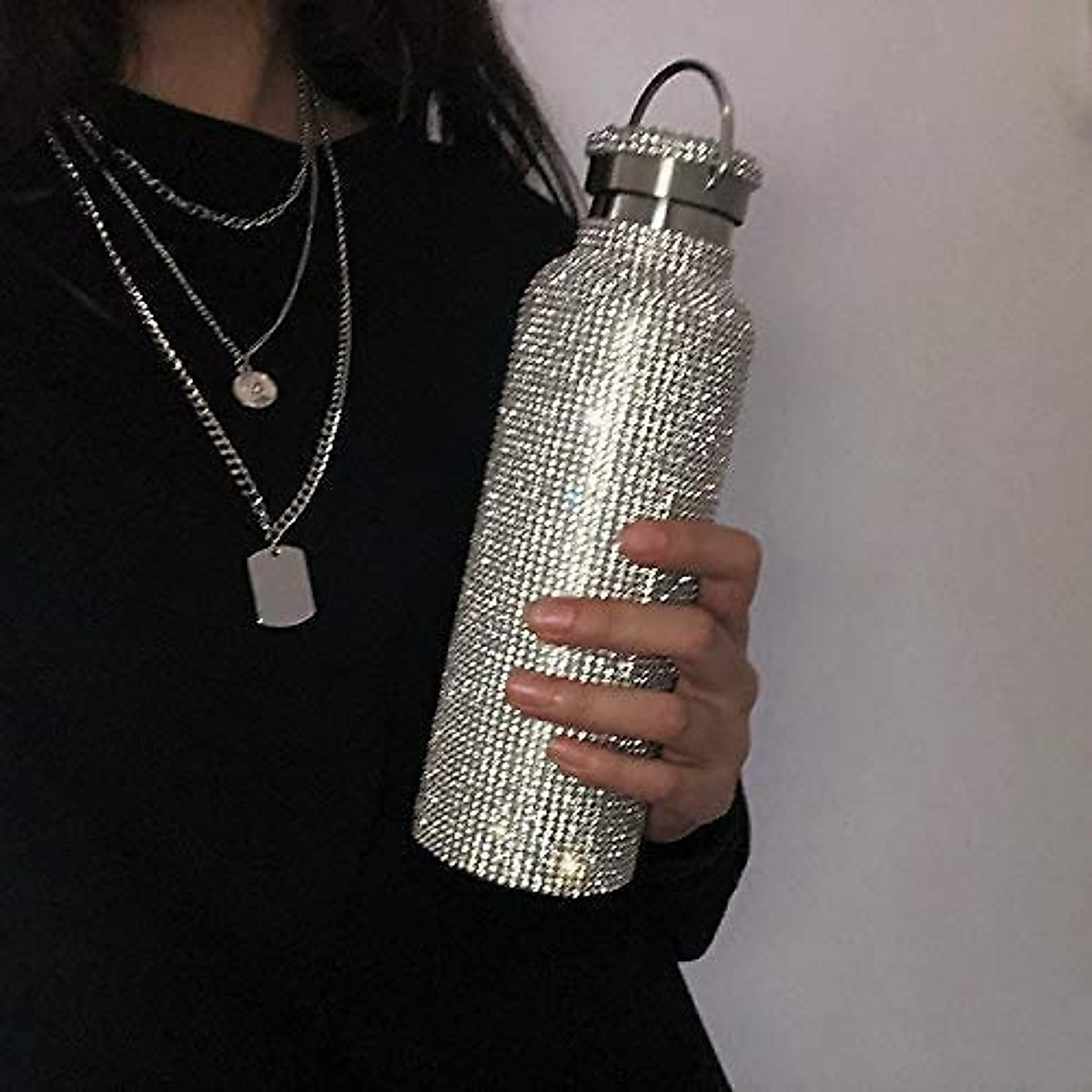 JDKD Diamond Thermos Water Bottle Rhinestone Thermos Cup,Diamond Vacuum Flask Sparkling High-end Insulated Bottle Stainless Steel with Lid Silver (500ML)