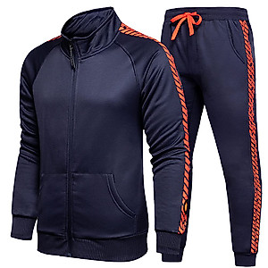 DUOFIER Men Running Jogging Track Suit Jacket and Pants Warm up Pants Gym Training Wear, Blue-XL