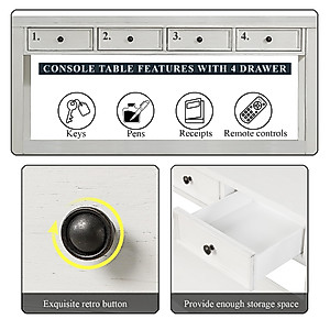 KLIECH 63" Pine Wood Console, Sofa 4 Drawers and 1 Bottom Shelf,Narrow Long Table for Living Room Entryway Hallway Bedroom,Antique White