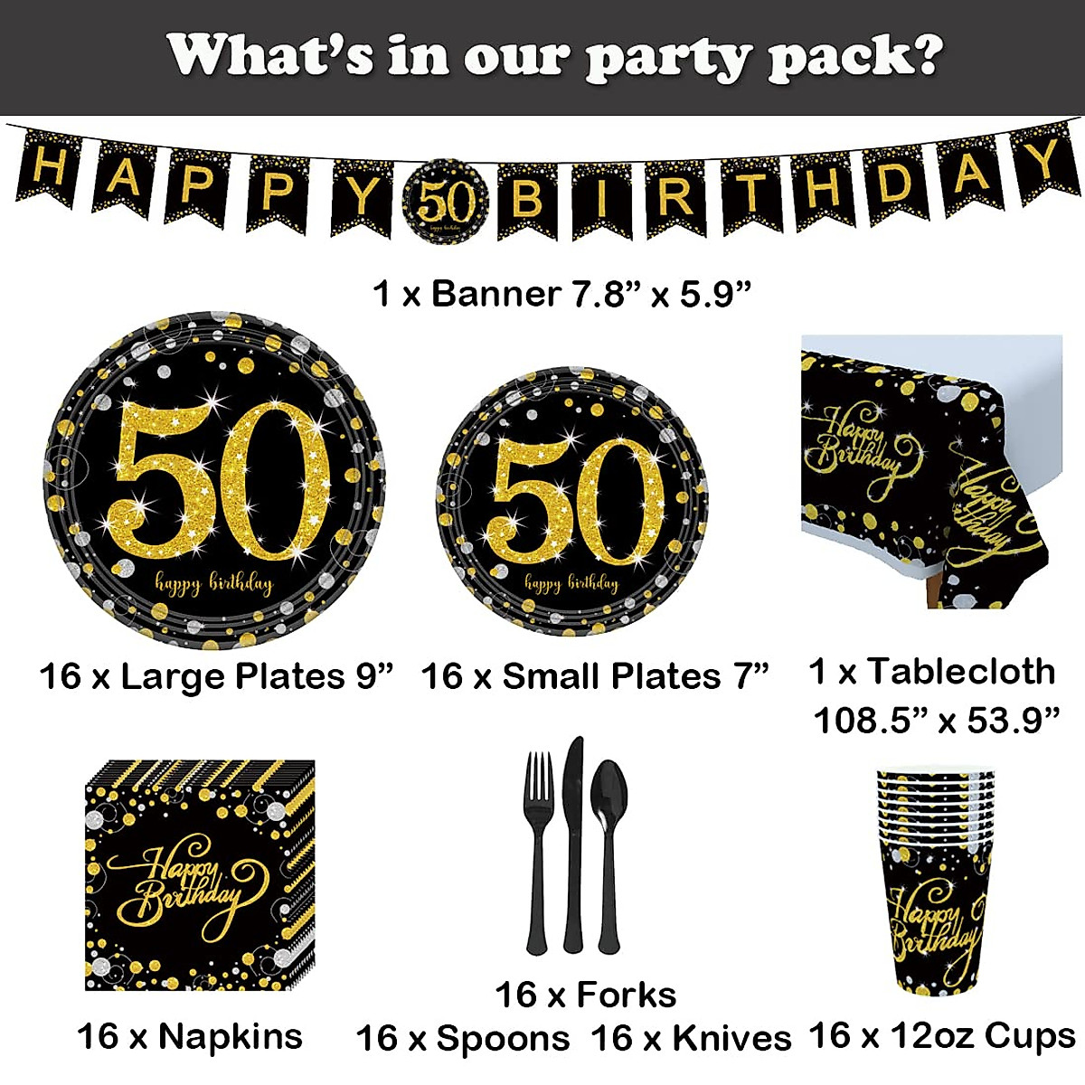 50th Birthday Black And Gold Party Supplies, Disposable Tableware,16 Guest, 50 Years Birthday Decorations For Men,Include Paper Plates, Banner Cups Napkins Tablecloth Cutlery…
