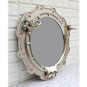 Ebros Gift Polished Aluminum Nautical Marine Round Ship Porthole Folding Wall Mirror Decor 14.5" Diameter Ocean Sailor Sea Exploration and Travel Accent