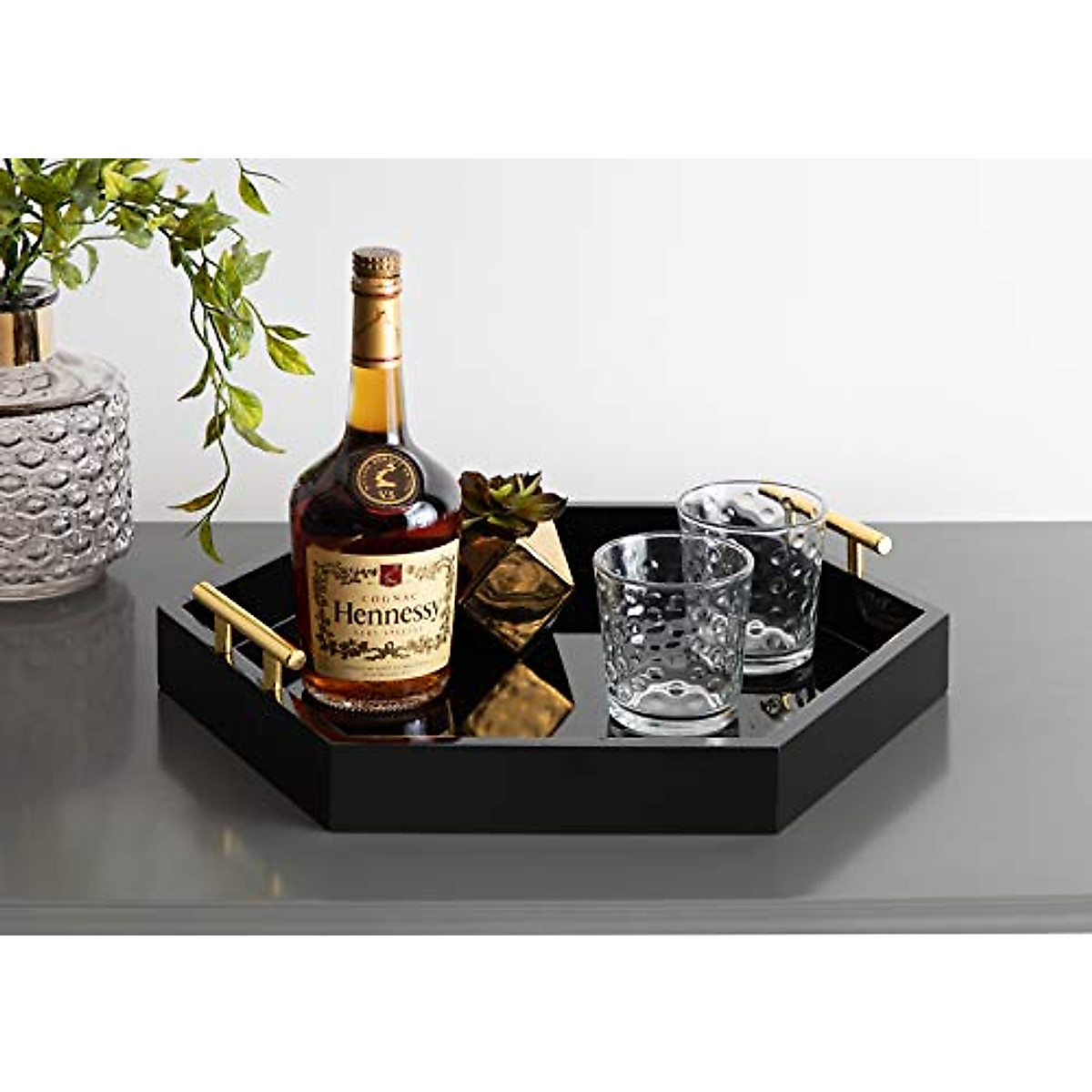 Kate and Laurel Lipton Modern Hexagon Decorative Tray, 18" x 18", Black with Gold Metal Handles