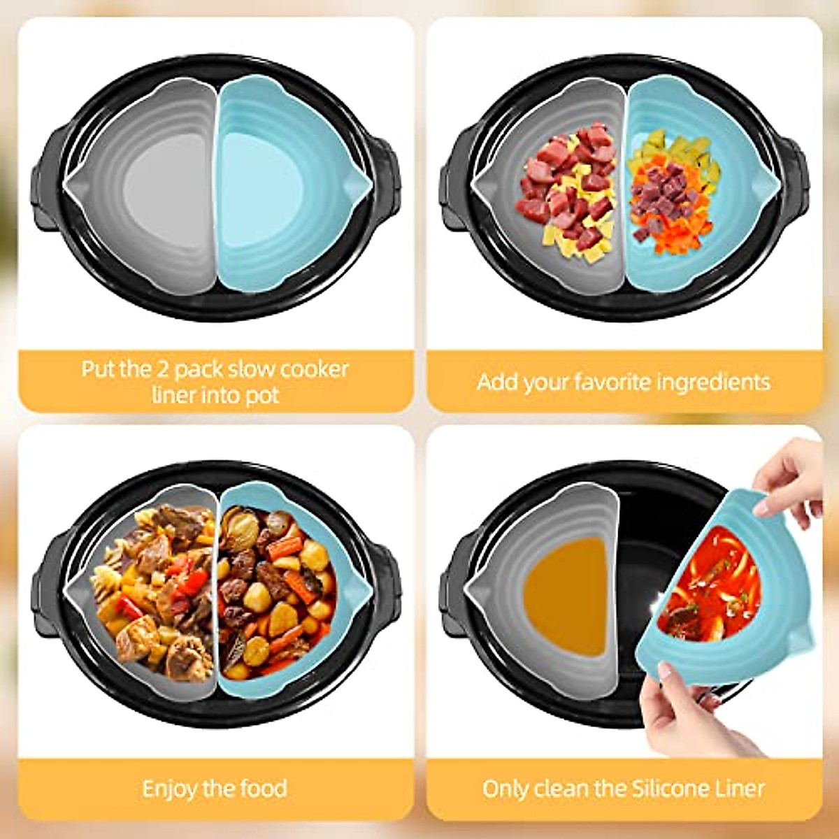 Silicone Crock Pot Liner-Crockpot Divider Insert Fit 6-8 Quarts, Reusable Slow Cooker Silicone Liner, Foldable&Dishwasher Safe (Blue+Grey)