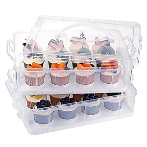 BTSKY 2 Tier Clear Plastic Cupcake Holder with Lid & Handles, Portable Cupcake Carrier for 24 Cupcakes, Stackable Cupcake Storage Container with Convenient Slot Tray Large Plastic Storage Box, White