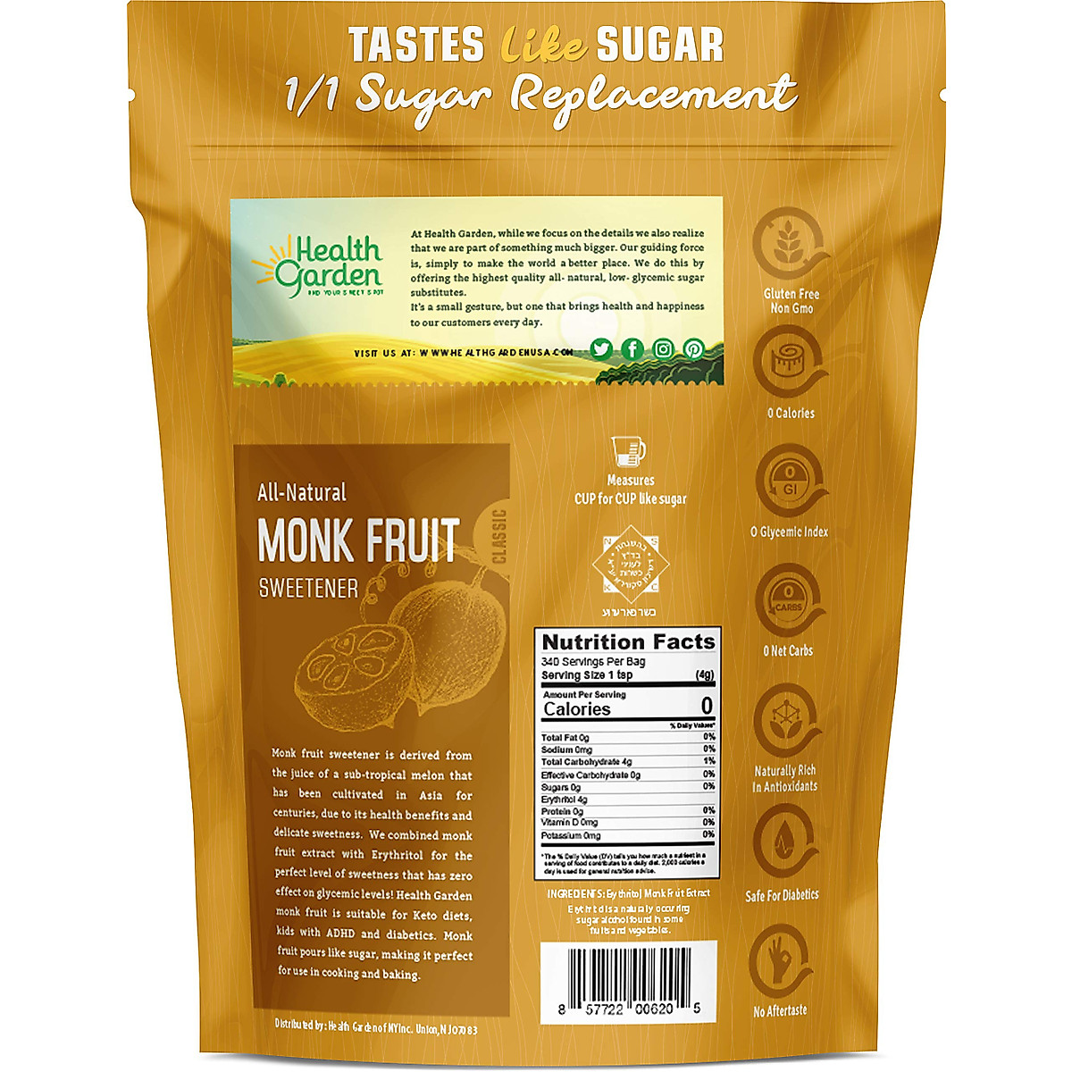 Health Garden Monk Fruit Sweetener, Classic - Non GMO - Gluten Free - Sugar Substitute - Kosher - Keto Friendly (3 lbs)