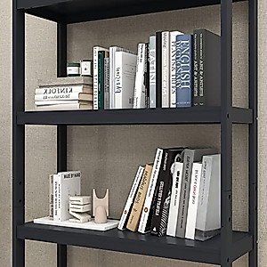 Modern Bookshelf and Bookcase, Freestanding Bookcase with 4 Tiers Open Storage Shelves Wooden Book Shelf Organizer with 2 Rattan Doors Cabinet for Living Room, Home Office, Bedroom, Washroom, Black
