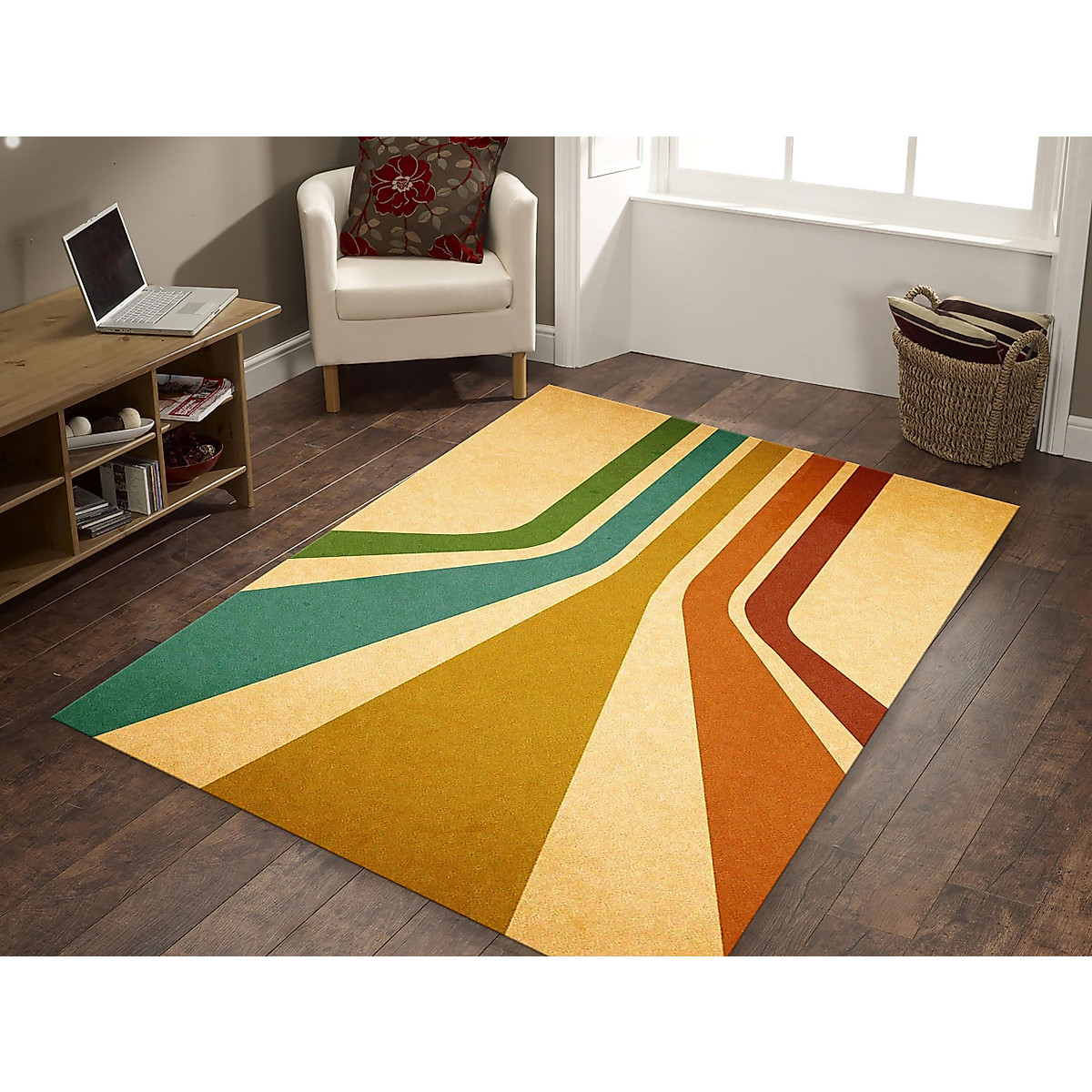 MSENEF Retro Rainbow Stripes Area Rugs Distressed Mid-Century Machine Washable Neutral Non-Shedding Indoor Floor Rug Carpet for Bedroom Living Room Under Dining Table Home House 6x9ft, Style-1