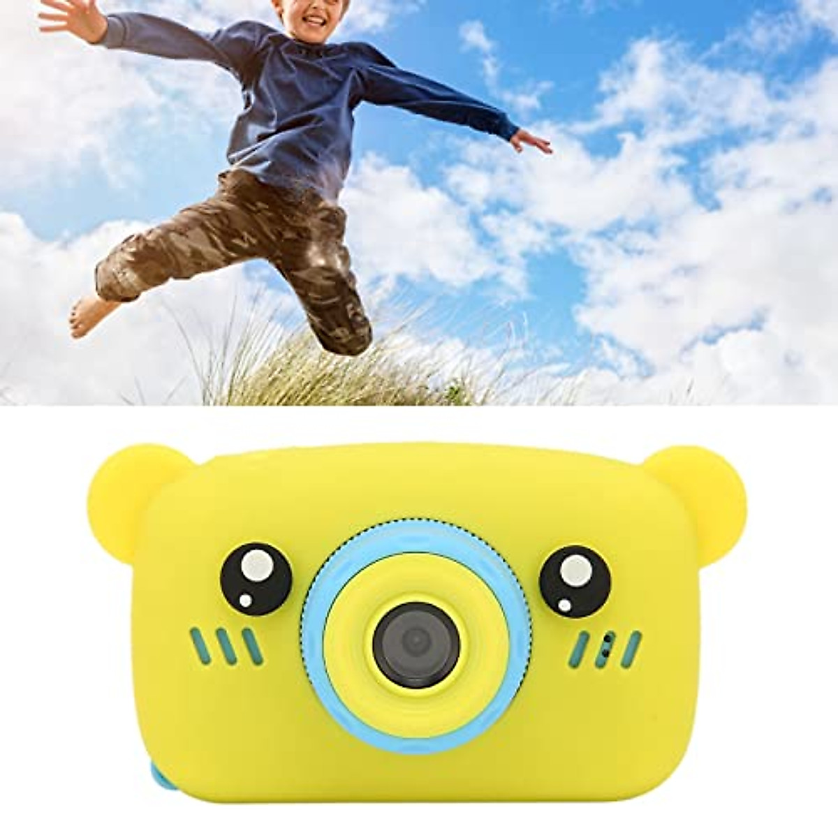 Kids Cartoon Camera, Front and Rear Dual Cameras Kids Camera Eco Friendly Multiple Fun Photo Frames ABS for Outdoor for 3‑10 Years Old Kids (Yellow)