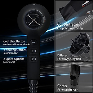 Professional Salon Grade Hair Dryer 1875W, Powerful Fast Drying Pro Negative Ionic & Infrared Blow Dryer, Low Noise Blow Dryer with Diffuser, Concentrator, Comb, 2 Speed & 3 Heat Settings