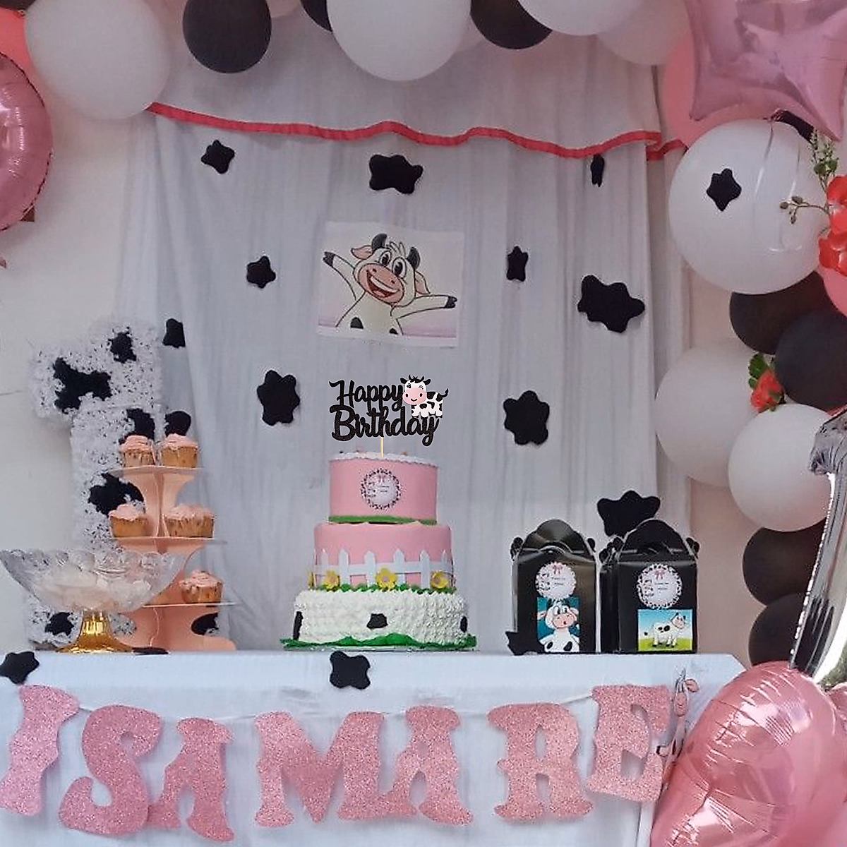 1 PCS Cow Happy Birthday Cake Topper Glitter Farm Animals Birthday Cow Cake Pick Decorations for Cow Theme Baby Shower Kids Boys Girls 1st Birthday Party Cake Decorations Supplies