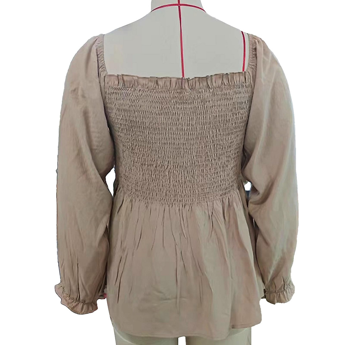 Women’s Casual Top Long Sleeve Neck Smocked Ruffle Hem Slim Babydoll Blouse Shirt Tunics Khaki