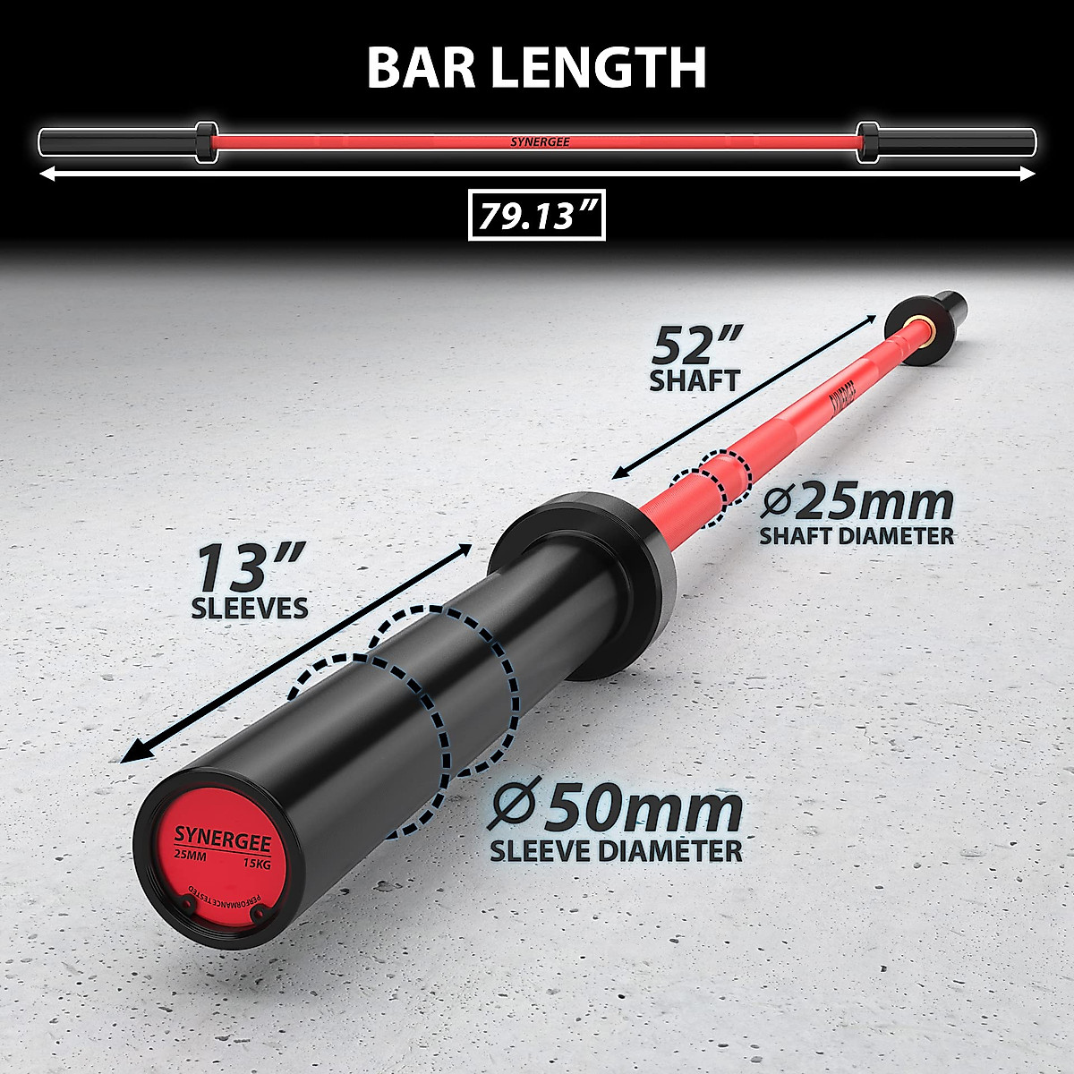 Synergee Games 15kg Colored Women’s Red Ceramic Coated Barbell. Rated 1500lbs for Weightlifting and Powerlifting