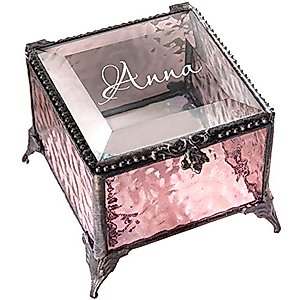 Personalized Pink Rose Glass Box Decorative Vanity Display Case Storage Jewelry Organizer Keepsake Gift for Her Girl Women Pink Vintage Decor J Devlin Ellen Box 903 EB245