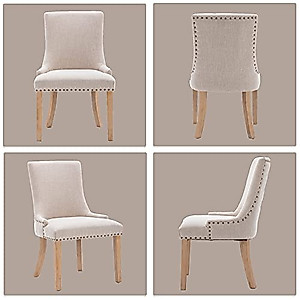 KCC Fabric Dining Chairs Set of 2 Upholstered Dining Room Chair with Solid Wood Legs,Modern Style Armless Chair with Nailhead Trim for Kitchen, Beige