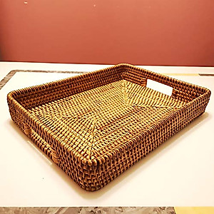 17 Inch Oversize Handmade Serving Tray, Rectangular Trays with Cutout Handles and 2.3”Wall, Decorative Rattan Storage Baskets Woven Organizer Plate Tray For Bread, Fruits，Catch All Dish, XL, Brown