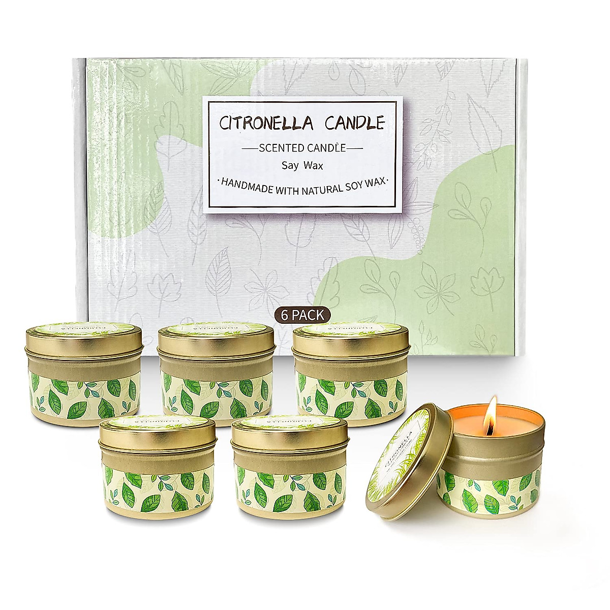 【6 Pack】 Citronella Scented Candles for Home Decoration Outdoor Indoor, Natural Soy Wax Candles Gift Set, Travel Tin Candles Set, Lemongrass Aromatherapy Candles for Home Garden Patio Balcony