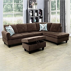 NOTOP 3-Piece Corduroy L-Shaped Sectional Sofas, Button Tufted Upholstered Couch Set with Right Chaise Longue and Storage Ottoman, for Living Room, Home, Office, 97, Dark Brown