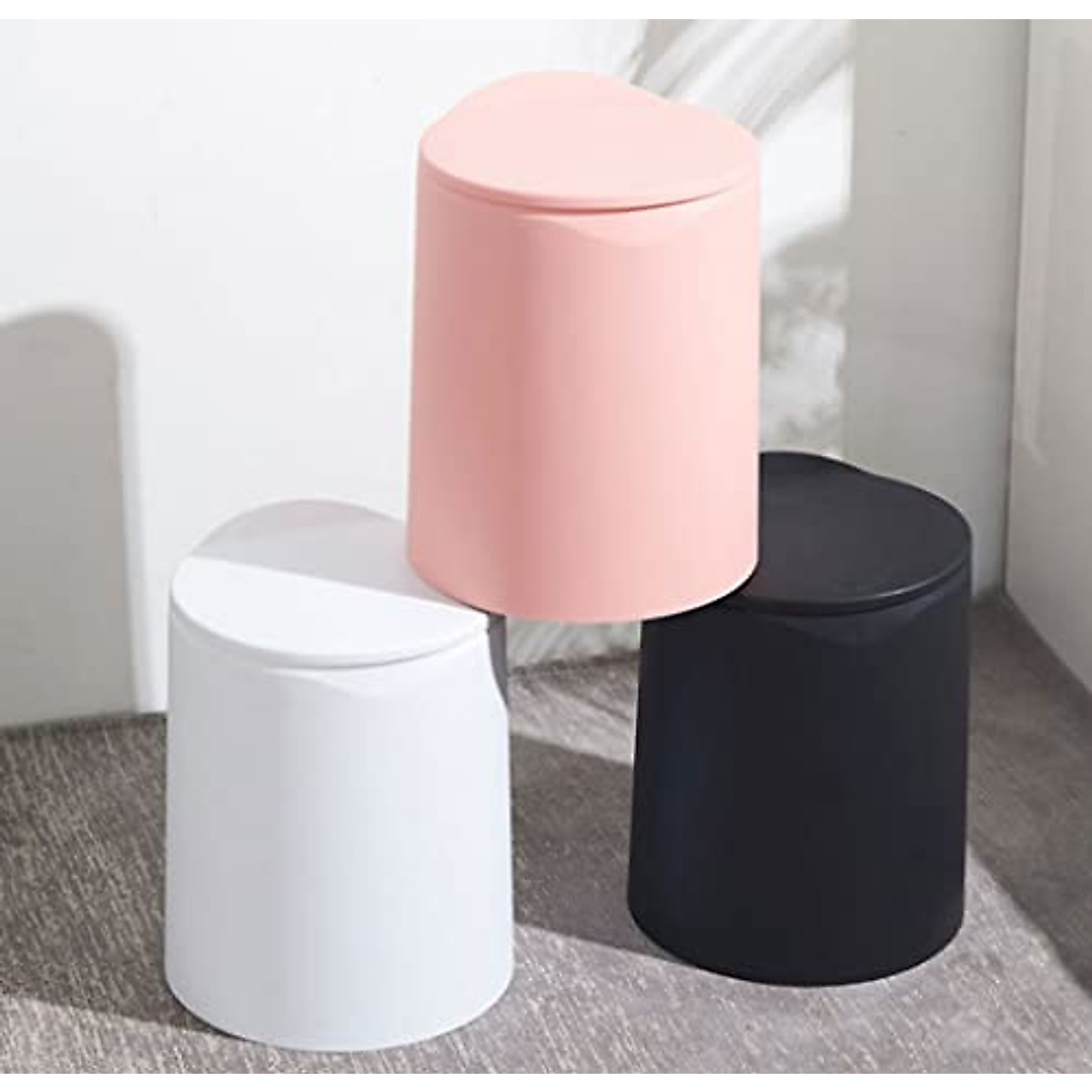 GOPG Round Trash Can, with Lid Press Type Wastebasket in-Band Tube Plastic Container Suitable for Kitchen Living Room Bathroom-20x21x26cm(8x8x10inch)-Khaki