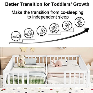 Mirightone Double Floor Bed Frames for Kids, Wood Montessori Bed with Fence Rails, Two Twin Bed Frames for Kids Boys Girls Children, White