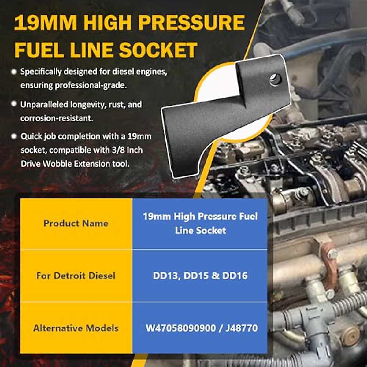 E-cowlboy 19MM High Pressure Fuel Line Socket Tool for Detroit Diesel DD13 DD15 DD16 Alternative to W47058090900