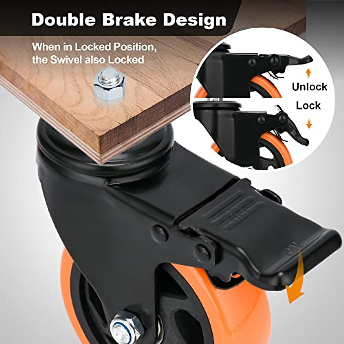 4 Inch Caster Wheels 2200Lbs, Threaded Stem Casters Set of 4 Heavy Duty, 1/2"-13 x 1" (Screw Diameter 1/2", Stem Length 1"), Safety Dual Locking Industrial Castors, Wheels for Cart, Furniture