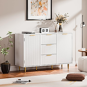 Cozy Castle 47.2" Buffet Cabinet, Large Coffee Bar Cabinet, Glossy Fluted Accent Sideboard with Adjustable Shelves, Credenza with Doors and Drawers for Living Room, Hallway, Kitchen, White